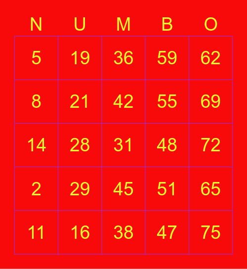 MATH-NUMBO CARD Bingo Card