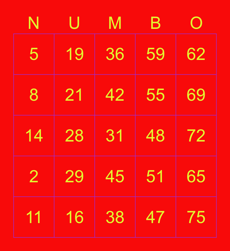 MATH-NUMBO CARD Bingo Card