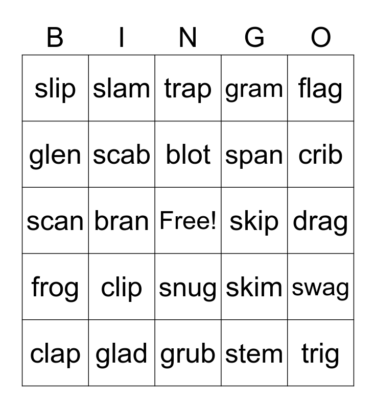 Initial Blends (l-, s-, r-) Bingo Card