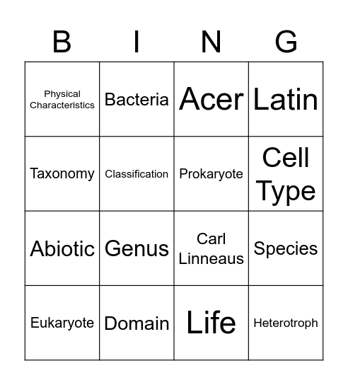 Classification of Life Bingo Card