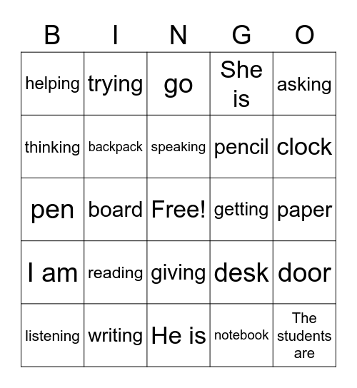Verbs and Classroom Objects Bingo Card