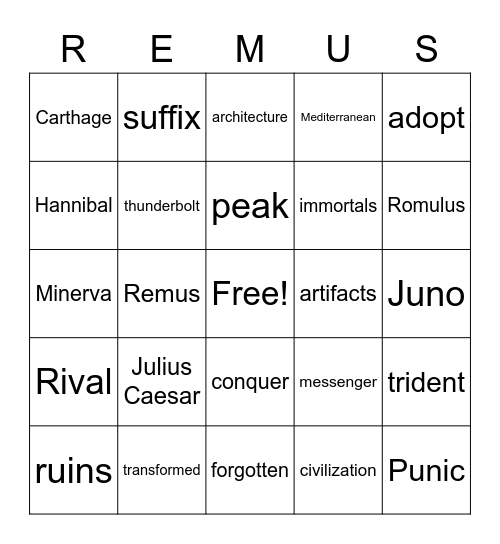 Ancient Roman Bingo Card