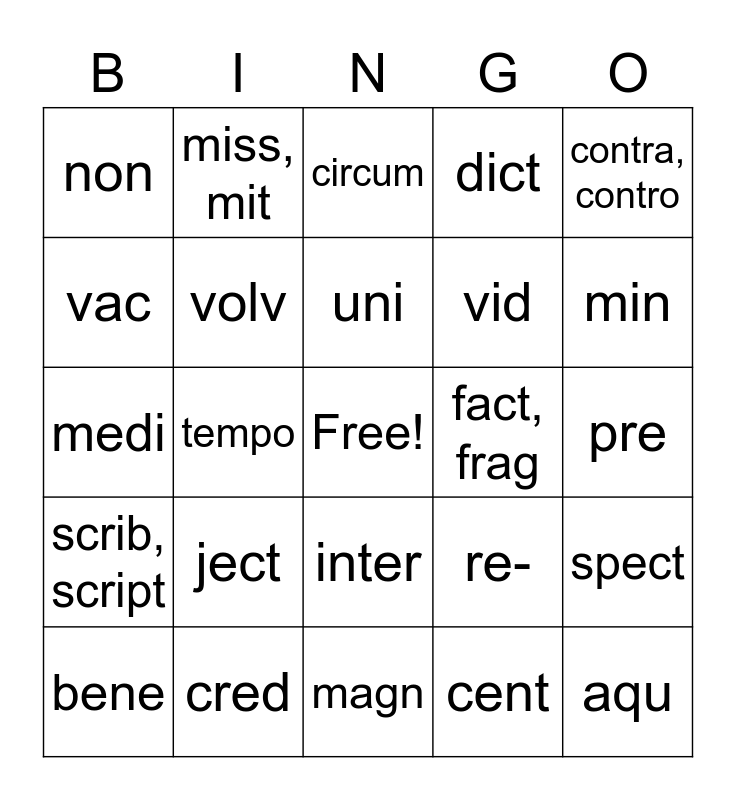 Latin Roots! Bingo Card