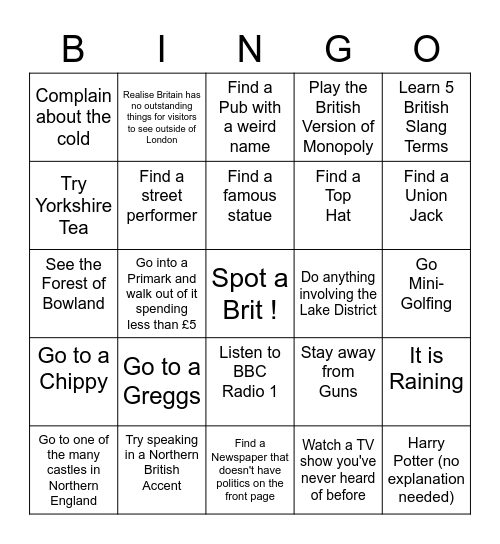 British Bingo Card British Bingo Card