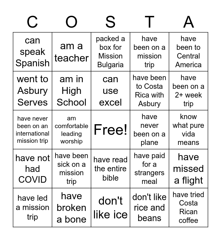 Costa Rica Mission Trip Bingo Card