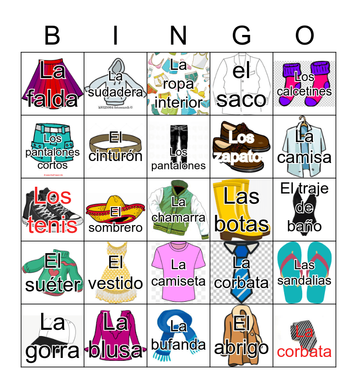 CCHS--Spanish 1, Unit 2 LA ROPA Bingo Card