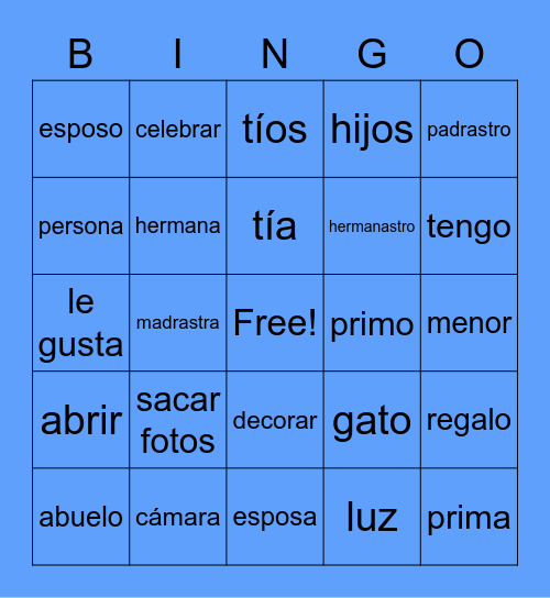 Realidades 1 Cap 5A Bingo Card