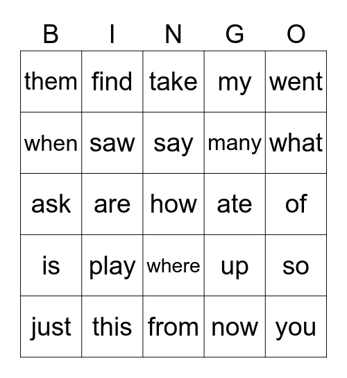 Sight Word Bingo Card