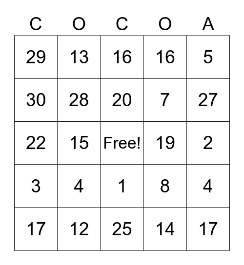 Hot Cocoa Bingo Card