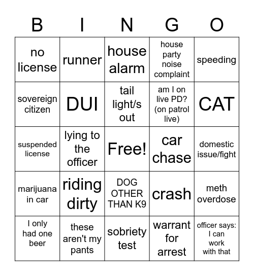 On Patrol: Live Bingo Card