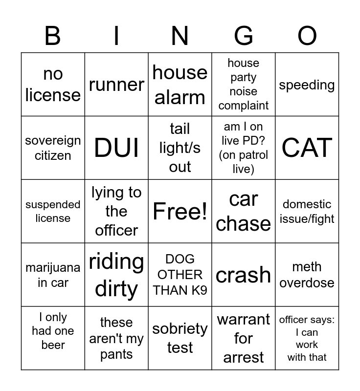 On Patrol: Live Bingo Card