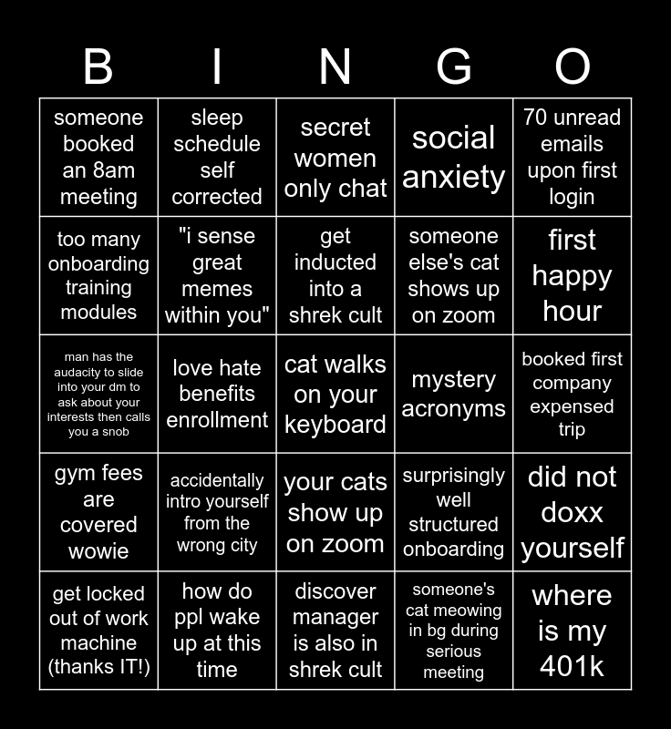 first week at work!!!!! (char edition) Bingo Card