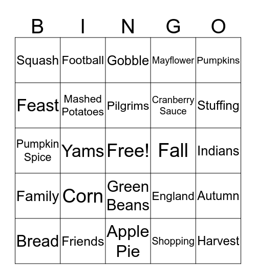 Turkey Day Bingo Card