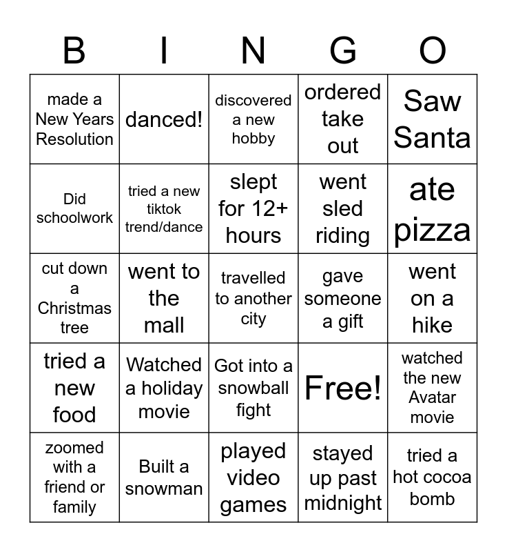 Winter Break Activities Bingo Card