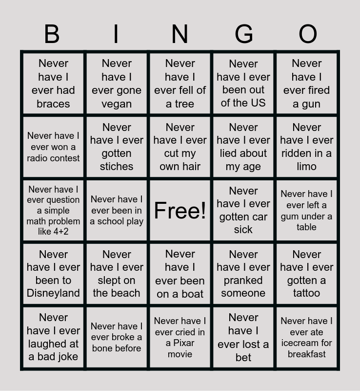 Never Have I Ever Bingo Card