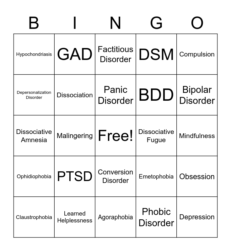 Psych Review Bingo Card