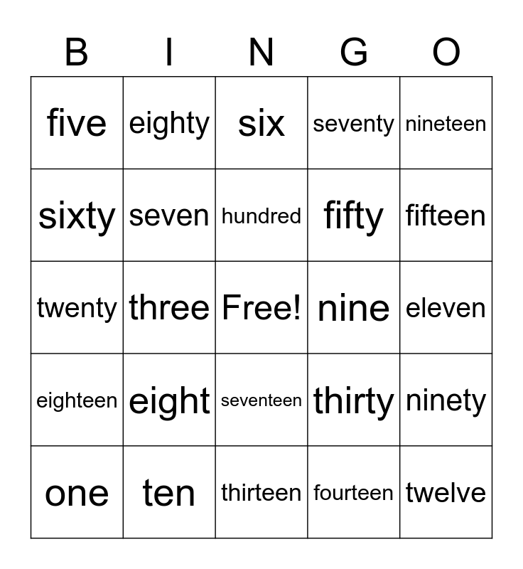 Number Words Bingo Card