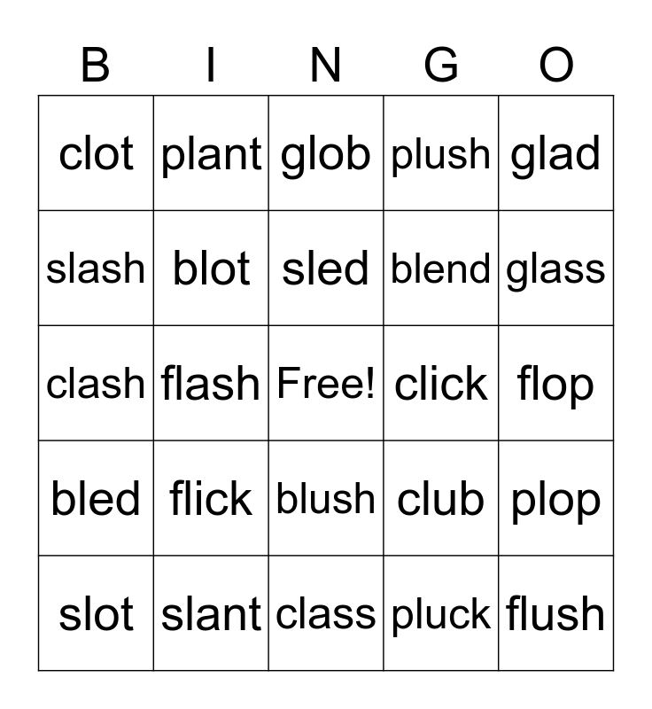 Initial -l blends Bingo Card