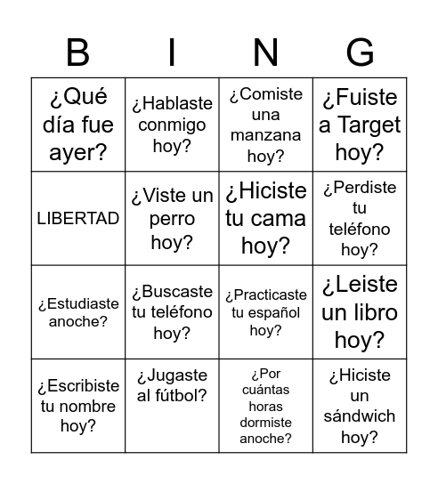Preguntas. Pretérito Regular Bingo Card