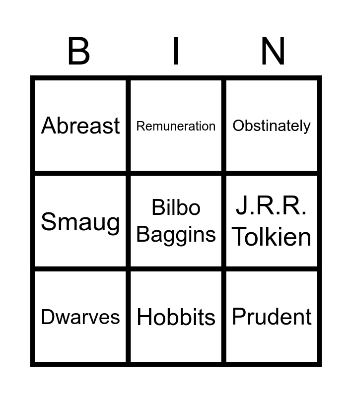 The Hobbit Chapter 1 Bingo Card