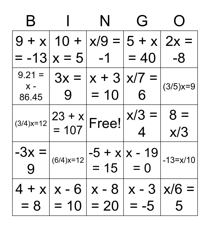 22/23 One Step Equations Bingo Card