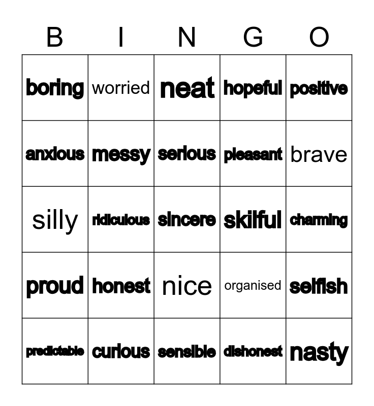 Personality Adjectives Bingo Card