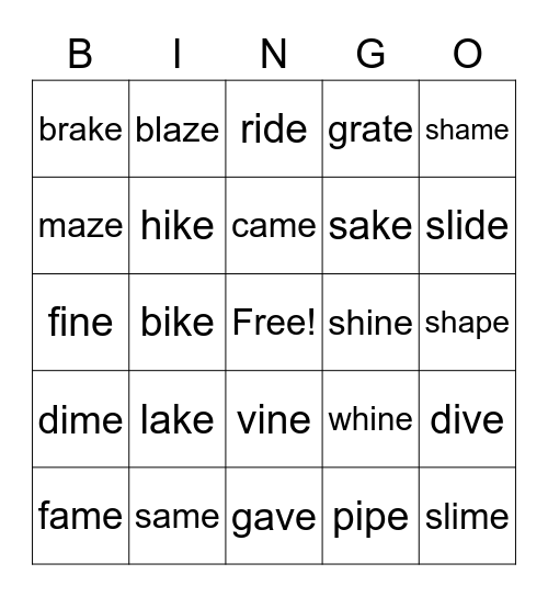 Silent e BINGO Card