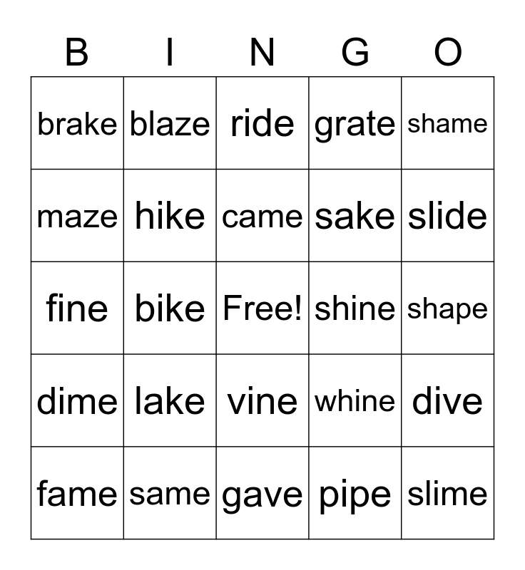 Silent e BINGO Card