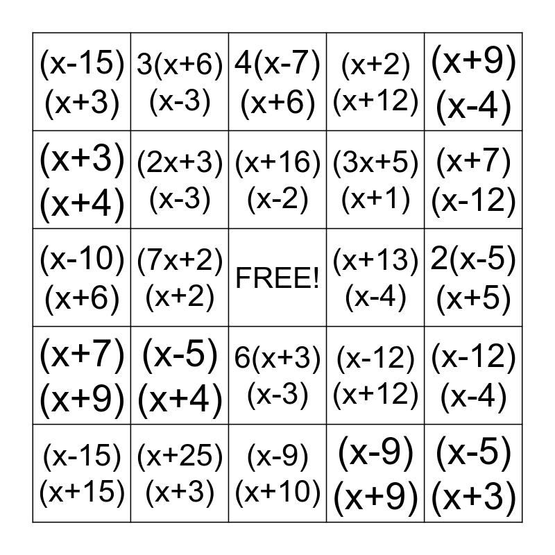Factor Trinomials a>1 and a=1 Bingo Card