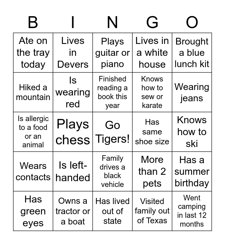 Lunchtime Bingo Card
