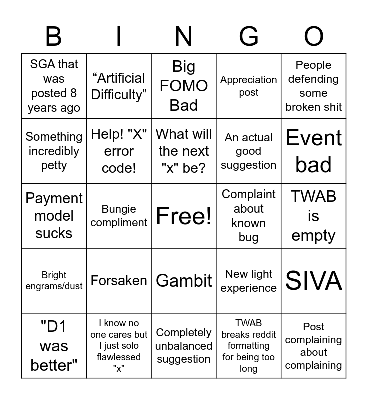 Destiny The Game Bingo Card