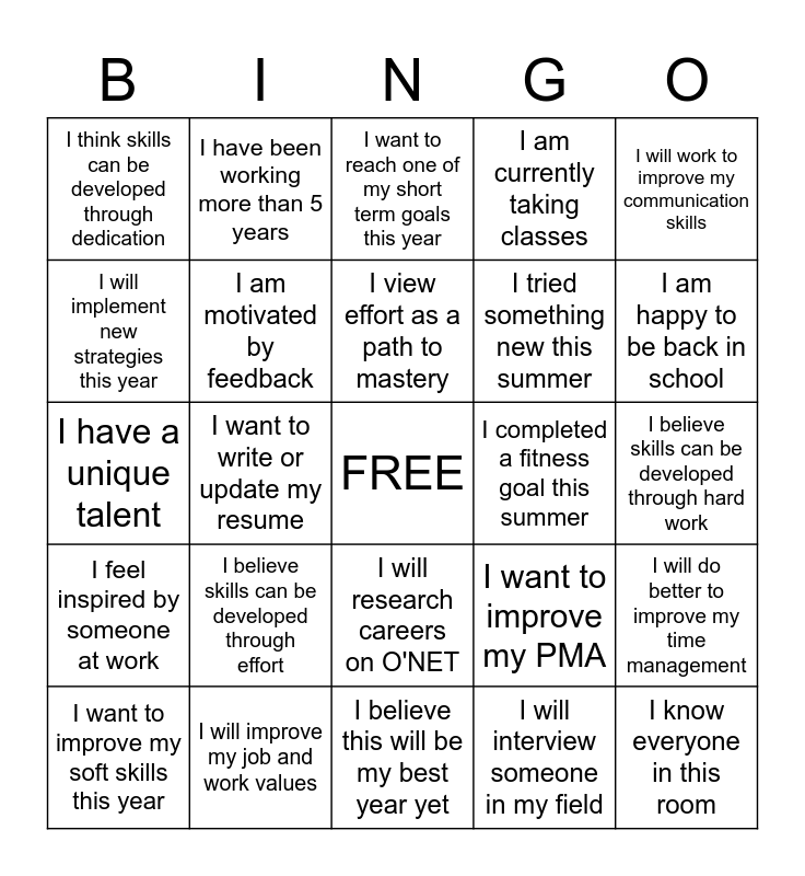 Growth Mindset Bingo Card