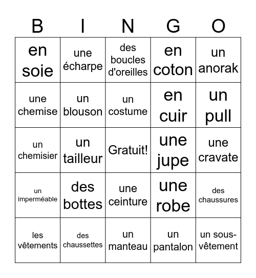 Les vêtements Bingo Card