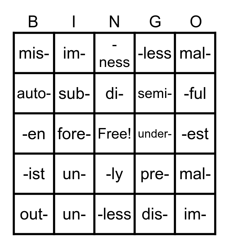 Prefix and Suffix Bingo Card