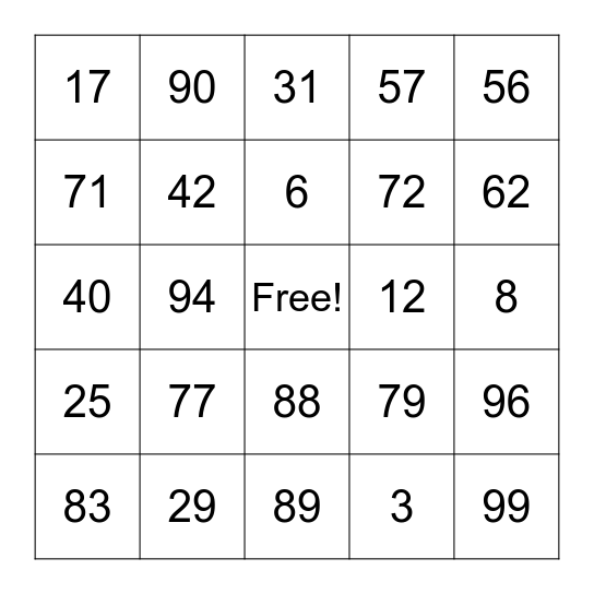Numbers 1-100 Bingo Card