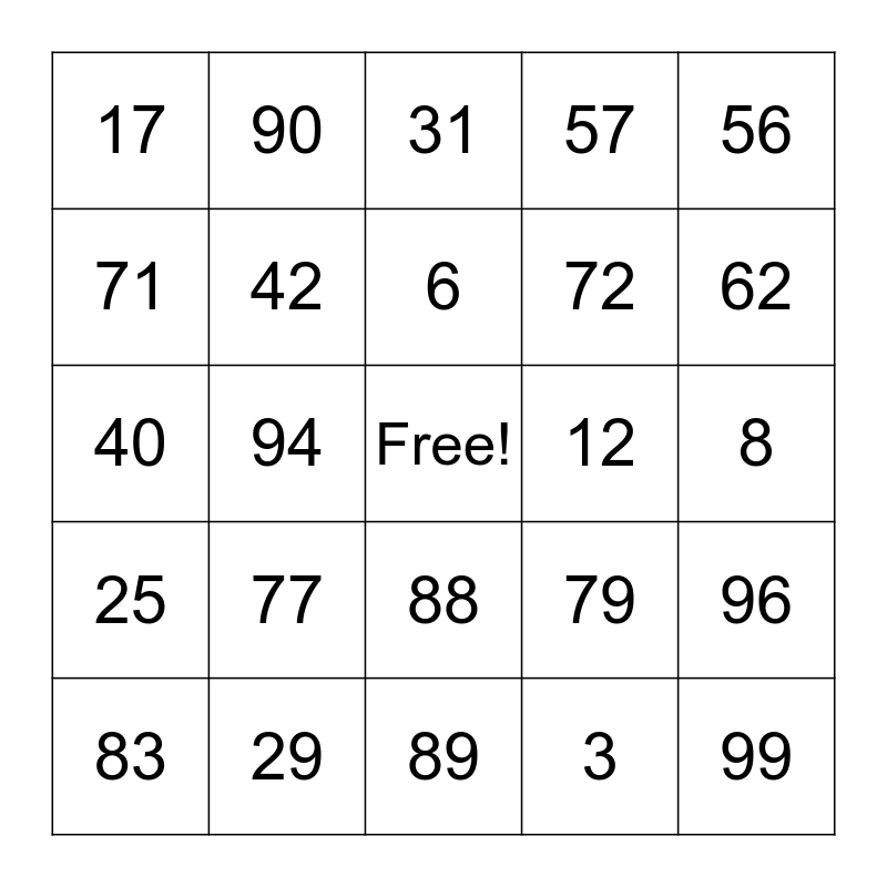 Numbers 1-100 Bingo Card