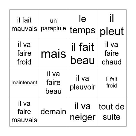 Quel temps fait-il Bingo Card