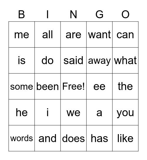 Word Wall Words Bingo Card