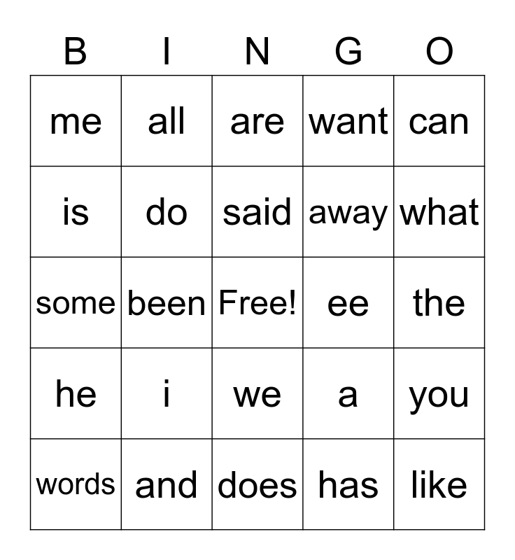 Word Wall Words Bingo Card
