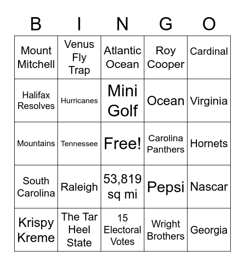 North Carolina Bingo Card