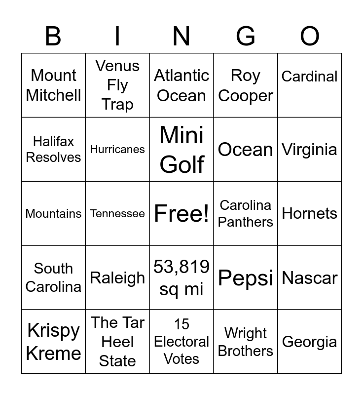 North Carolina Bingo Card