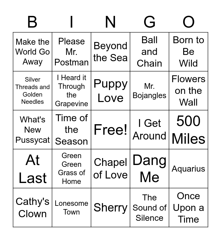 1960s Music Bingo Card