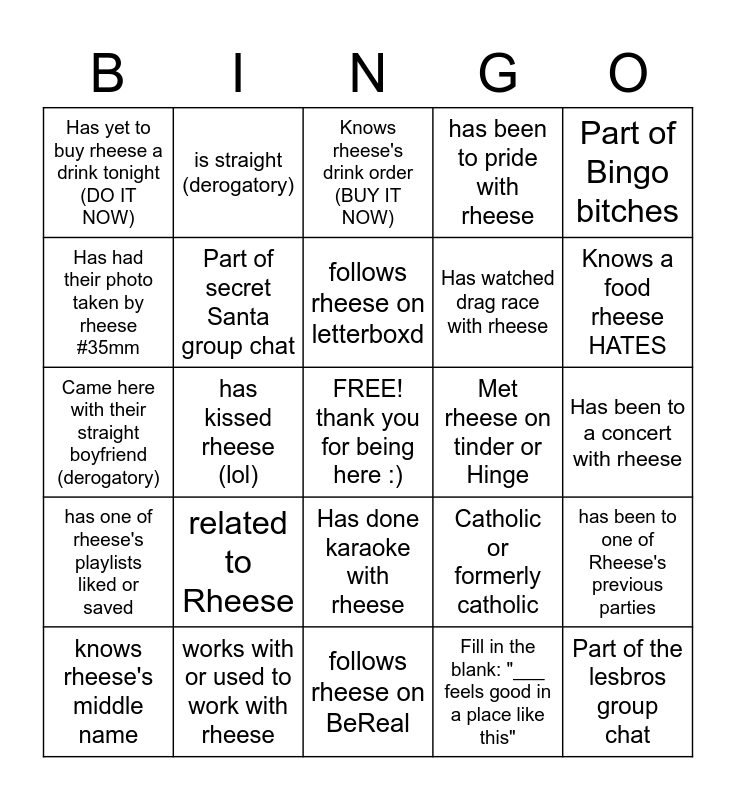 RHEESE BINGO Card