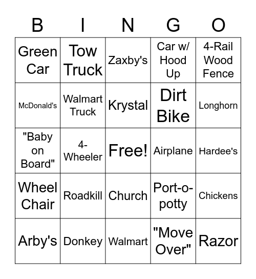 Texas to Alabama Bingo Card