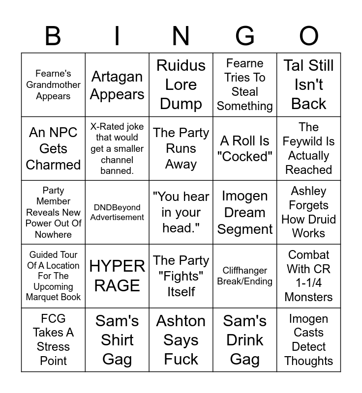 Campaign 3 Episode 45 Bingo Card