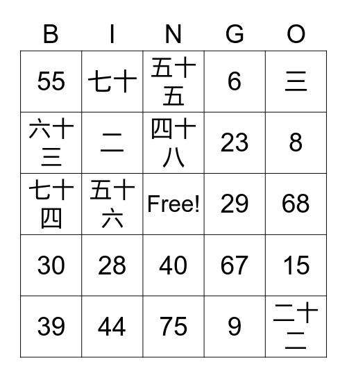 Number Bingo 1-75 Bingo Card