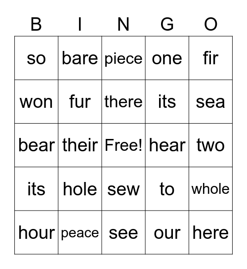 Homophones Bingo Card