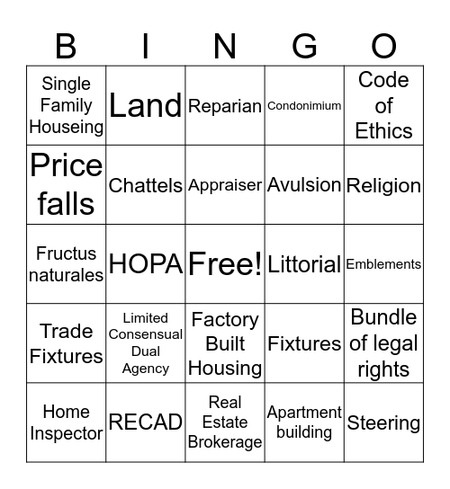 Real Estate Bingo Card