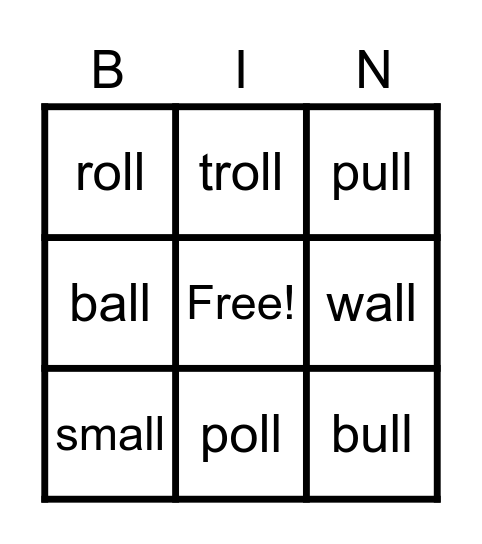 -all, -oll, -ull Bingo Card