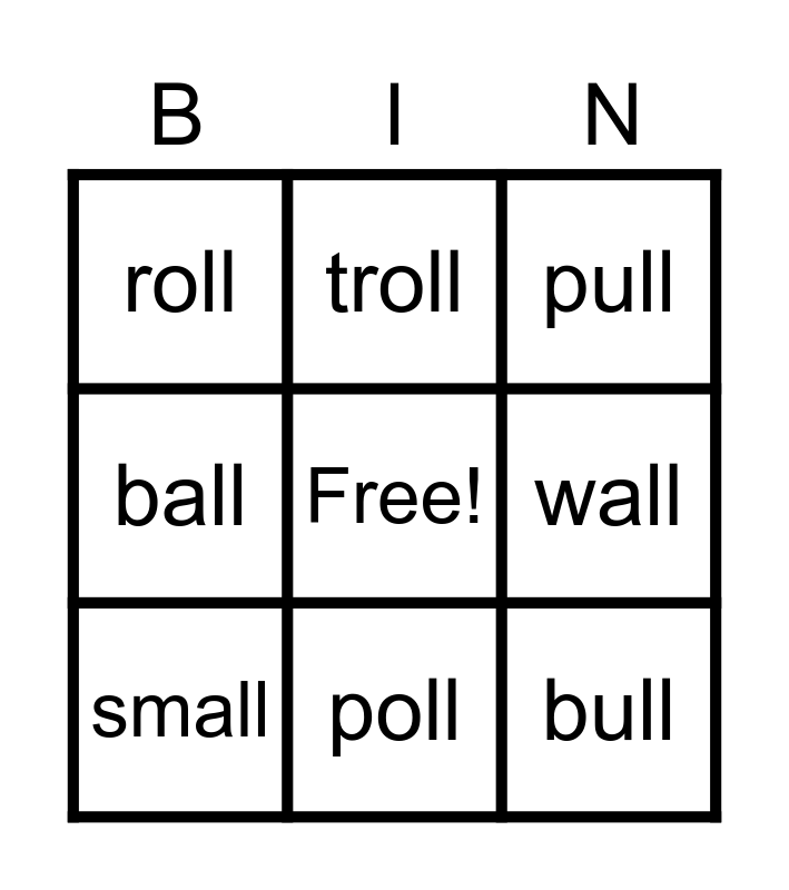 -all, -oll, -ull Bingo Card